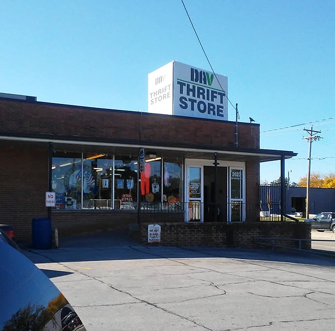 No frills, all thrills! DAV Thrift Store's modest exterior hides a cavern of vintage wonders waiting to be explored.