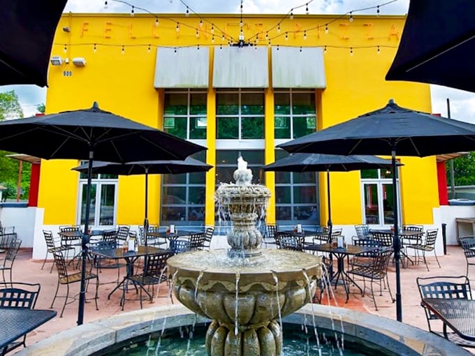 Fellini's sunny yellow exterior brightens even the cloudiest day. That fountain patio is begging for a pizza picnic.