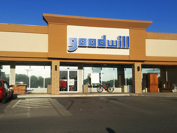 Goodwill's familiar blue logo feels like spotting an old friend in a new neighborhood - comforting and reliable.