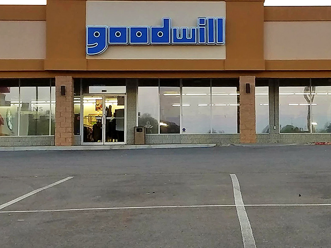 Goodwill's iconic blue logo welcomes shoppers to a world of second chances. Bargains with a mission!