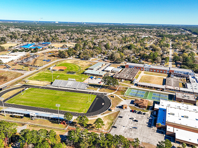 This aerial view of Goose Creek shows why retirees flock here - affordable homes near excellent community facilities.