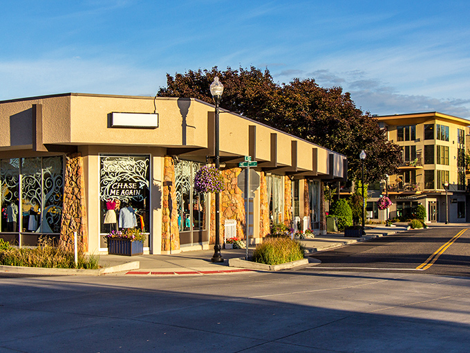 Gresham's Liberty Plaza glows at dusk, where city conveniences meet small-town prices. Evening strolls here won't cost a penny!