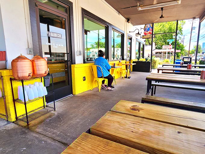 La Barbecue's sunny patio welcomes meat lovers with terracotta water jugs &ndash; Austin's perfect blend of tradition and hipster cool.