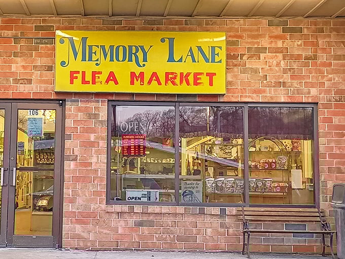 Memory Lane's bright yellow beacon calls to anyone seeking childhood treasures and nostalgic finds in this welcoming brick building.