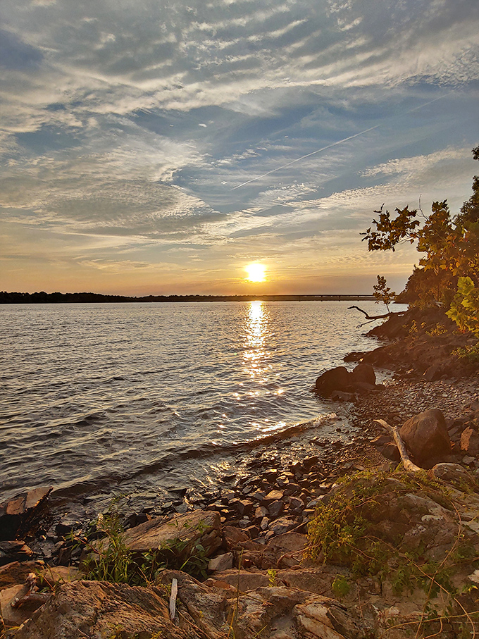 Sunset turns Occoneechee's waters into liquid gold, proving Mother Nature is still the world's greatest light show.