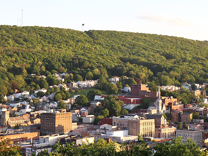 Pottsville's panoramic hillside setting showcases affordable neighborhoods climbing gentle slopes. The town's elevation provides views that would cost millions elsewhere.