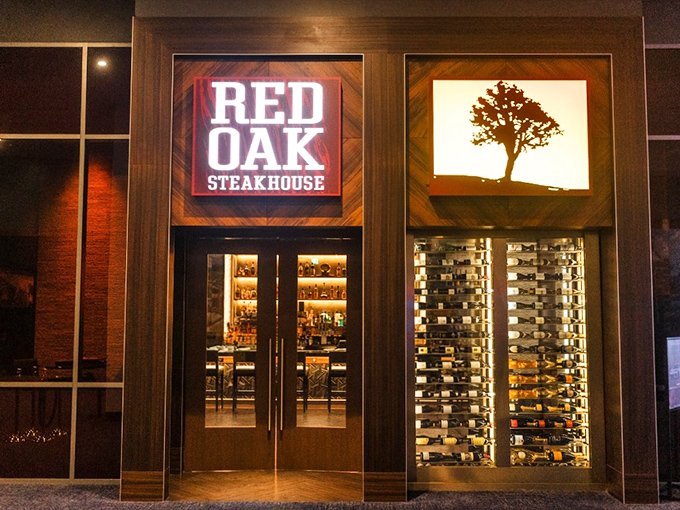 Red Oak's elegant entrance and wine display set the stage for a steak performance worthy of a standing ovation.