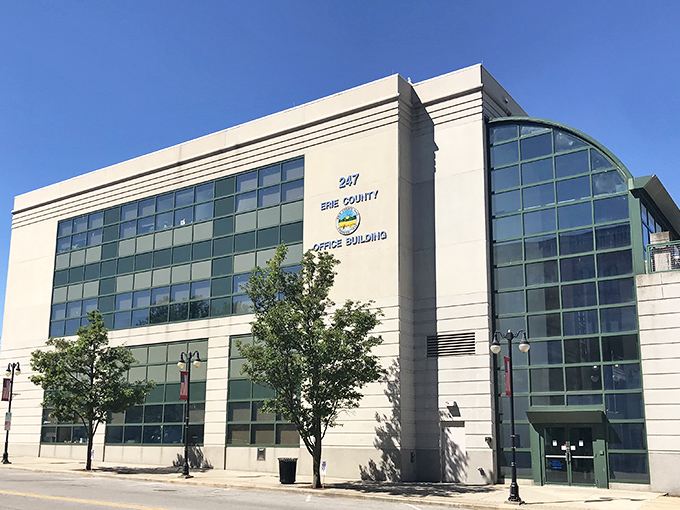 Sandusky's modern county building blends sleek lines with practical purpose. Behind its glass facade, the business of community happens daily.