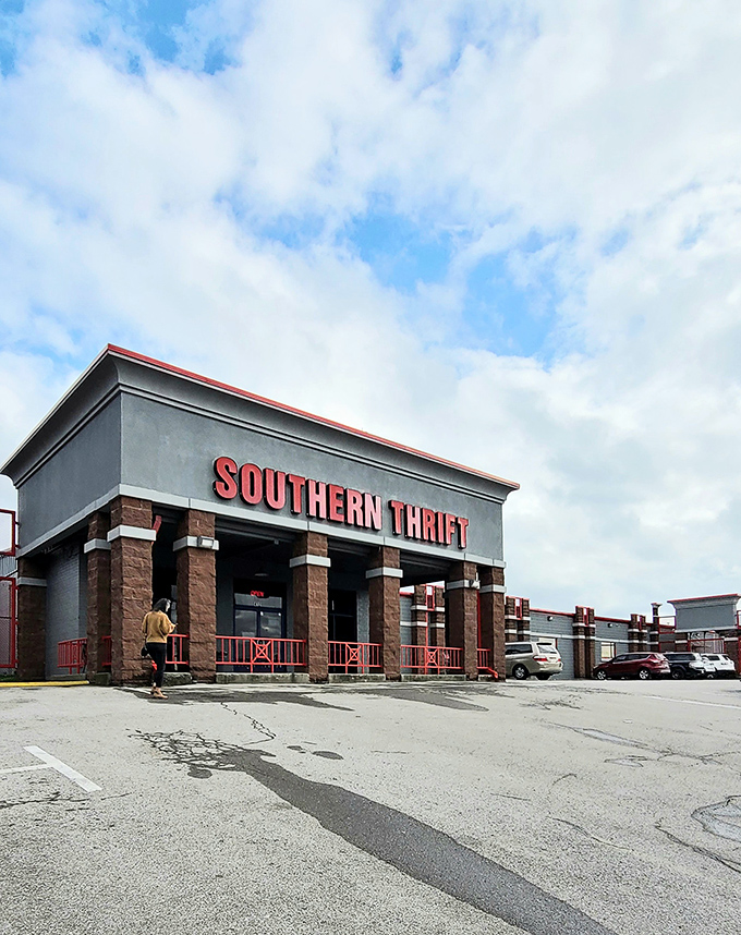 Columns of savings! Southern Thrift's impressive stone entrance gives budget shopping a touch of unexpected grandeur.