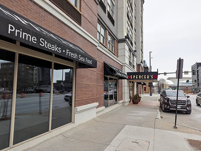 Spencer's sleek urban exterior hints at the sophisticated steak experience waiting inside&mdash;no cowboy hats required, just an appetite.