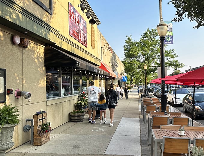 Steak + Vine's storefront brings a touch of urban sophistication to La Grange. Brick, steel, and the promise of perfectly paired wines.
