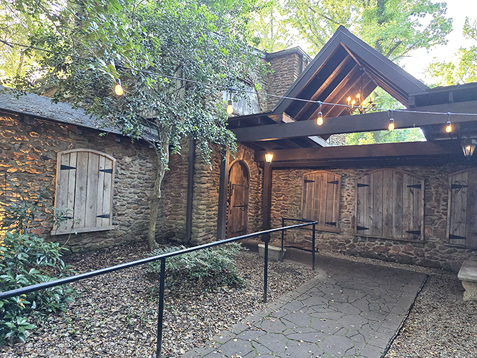 The Peddler's enchanted stone cottage entrance looks like somewhere hobbits would go for an anniversary dinner.