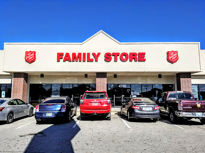 The Salvation Army's bold red lettering stands out like a superhero logo—fighting high prices one bargain at a time.