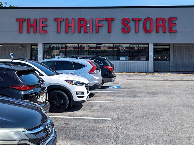 Sometimes the simplest names hide the best surprises&mdash;The Thrift Store's straightforward signage promises no-nonsense bargains.