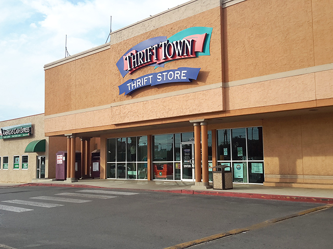 Thrift Town's tan facade and colorful signage welcome bargain hunters like an old friend with good news to share.