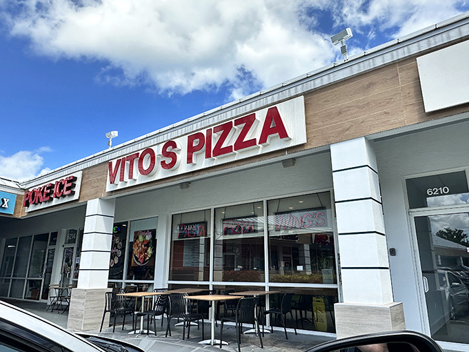 Vito's storefront might seem modest, but behind that sign is pizza that would make a New Yorker homesick in the best possible way.