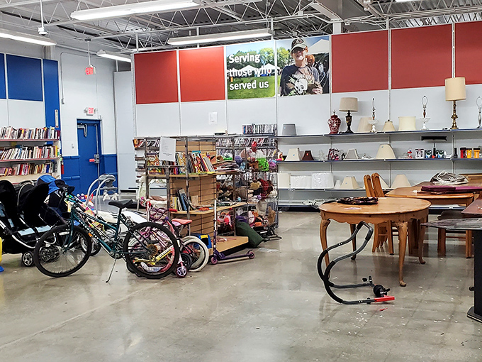 Volunteers of America's patriotic signage stands tall, much like the values behind this treasure trove of secondhand finds.