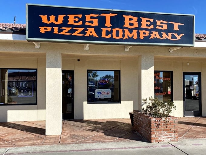 West Best's bold orange sign stands out like delicious defiance in the desert landscape of California City.