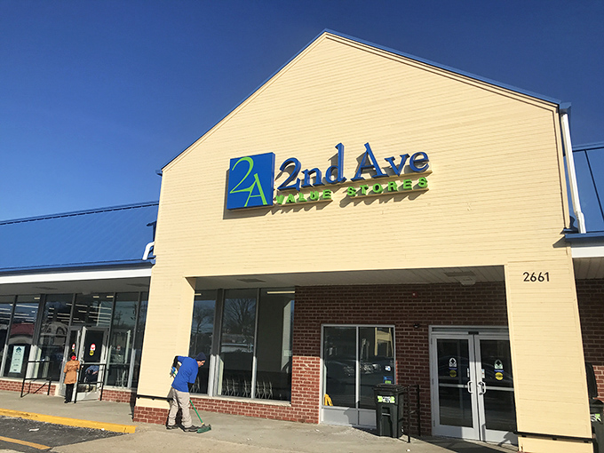 The clean lines and welcoming entrance say "department store," but the prices whisper "thrift heaven." 