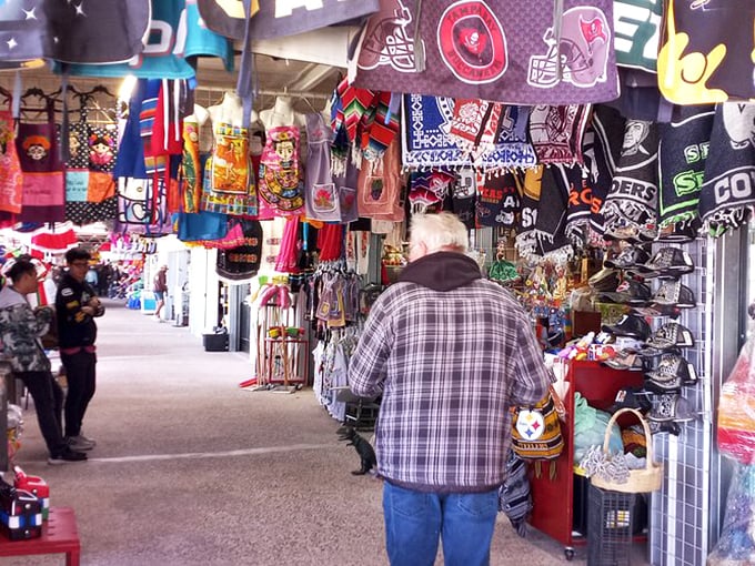 Sports fans, rejoice! This narrow aisle is like walking through a hall of fame for Texas team merchandise.