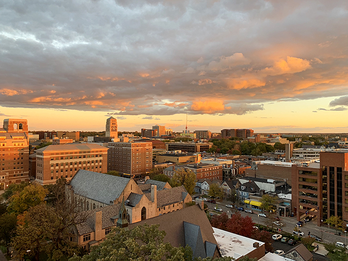 Ann Arbor's skyline at sunset: "Golden hour in a golden city for retirees. Ann Arbor's affordable pockets shine brightest when you know where to look."