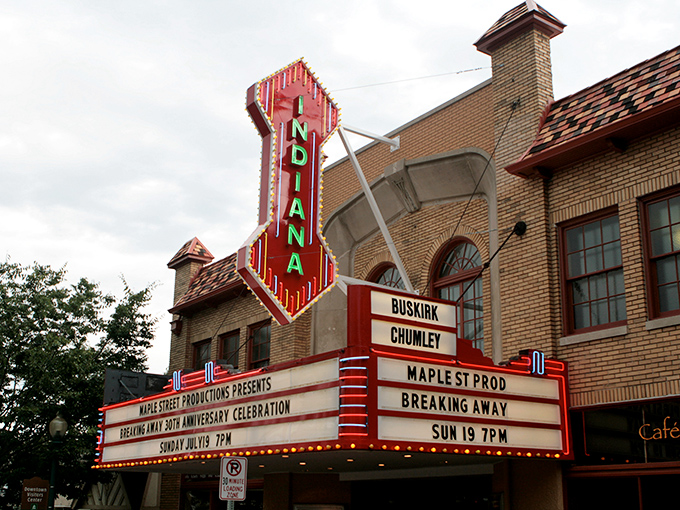 The historic Indiana Theater's marquee still lights up Bloomington nights, in a town where culture doesn't require emptying your wallet.
