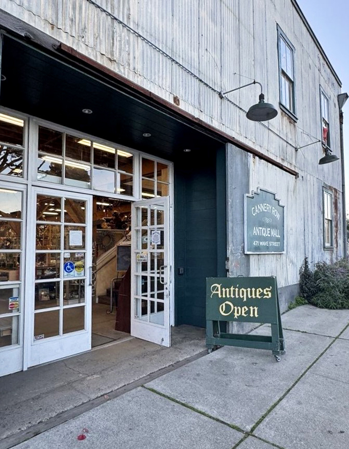 The rustic entrance to Cannery Row Antique Mall &ndash; where sardines once swam, treasures now overflow.
