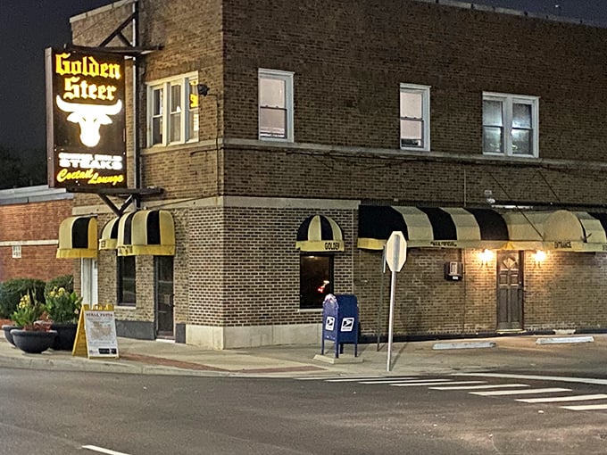 Classic neighborhood steakhouse vibes where the neon promises what the grill delivers every single night.