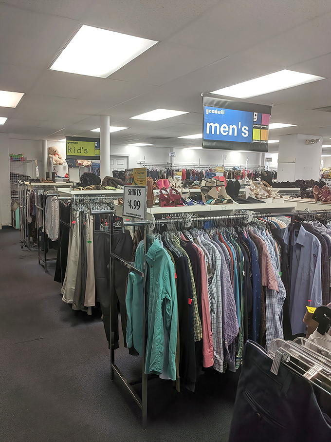 Men's department heaven! Goodwill's organized racks make finding that perfect shirt feel like striking gold.