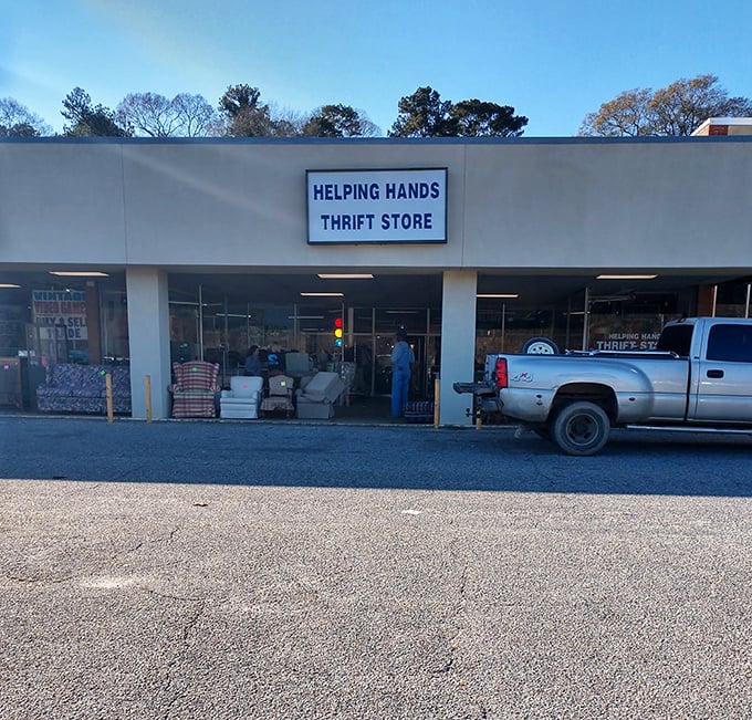 Helping Hands at dusk, where the day's donations become tomorrow's discoveries for eagle-eyed shoppers.