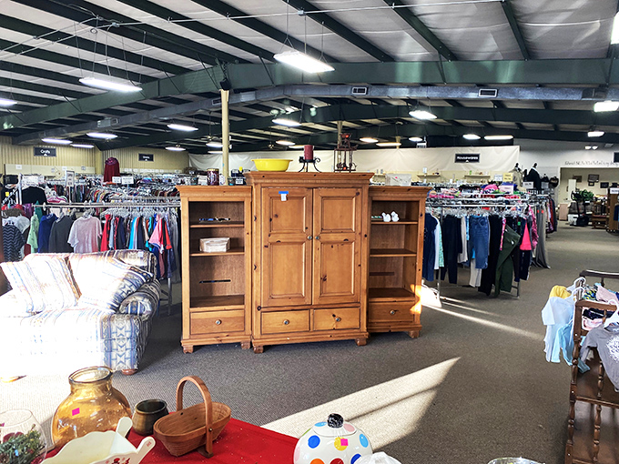 Inside InJoy, furniture displays worthy of a magazine spread await. That cabinet has stories to tell!