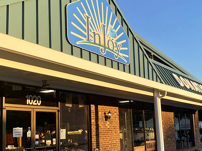 The sun catches InJoy's cheerful sign, promising an afternoon of treasure hunting with purpose. Bargains with benefits inside!