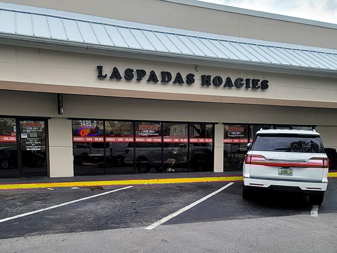 The sign says "Laspada's Hoagies" but should read: "Sandwich artistry that will ruin all other lunch options forever."