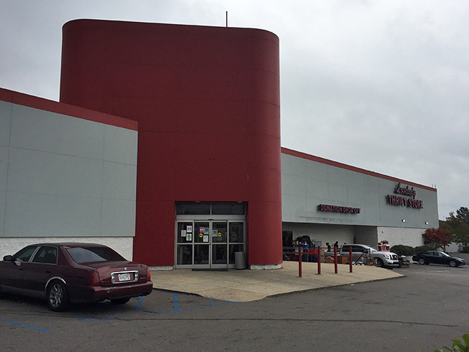 The bold red and white exterior of Lovelady Thrift Store makes a statement: serious bargains happen here, no appointment necessary!