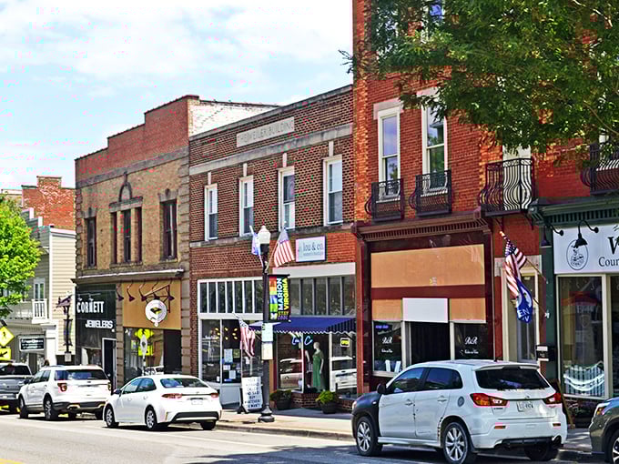The colorful banners and well-maintained storefronts show Marion's pride in its affordable, welcoming community.