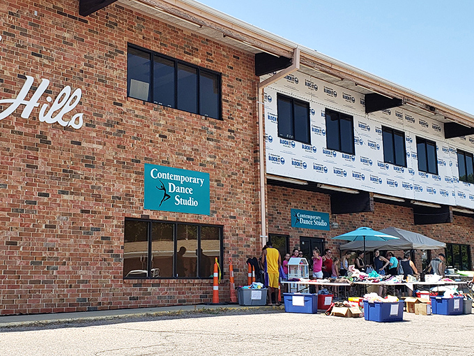 Large windows offer tantalizing glimpses of the vintage wonderland waiting inside, like peeking into a time capsule museum.