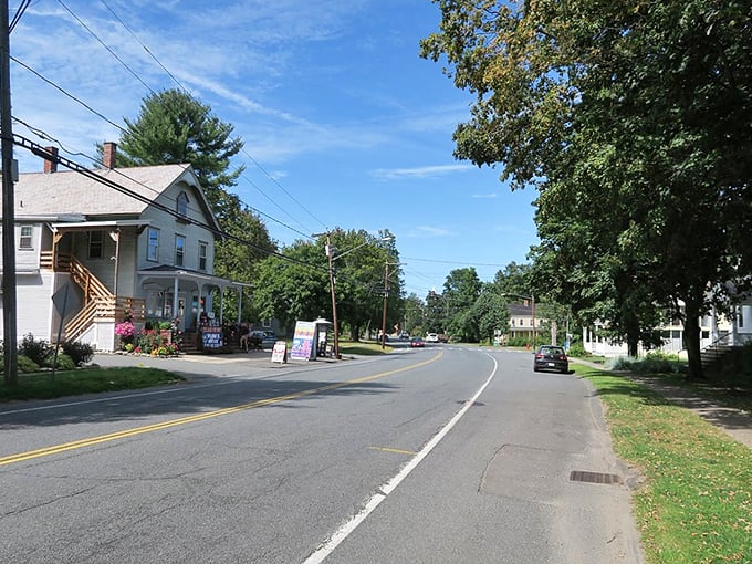 Enjoy the quiet, leafy roads of Montague as you drive past historic homes and lush greenery on a sunny afternoon.