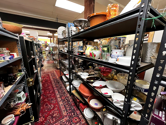 Shelves packed with kitchenware create narrow canyons to explore, where vintage Pyrex and forgotten serving bowls await rediscovery.