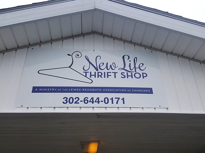 The simple hanger logo of New Life Thrift Shop promises no-frills bargain hunting. Sometimes the best gems hide in the plainest settings.