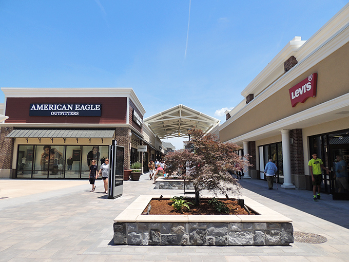 American Eagle and Levi's face off across a beautifully landscaped walkway. That little tree is the Switzerland of denim diplomacy.
