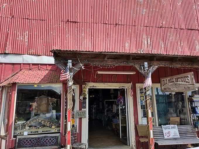 The rustic charm of Old Mill Antiques' exterior hints at the authentic Americana waiting inside this Jefferson landmark. 