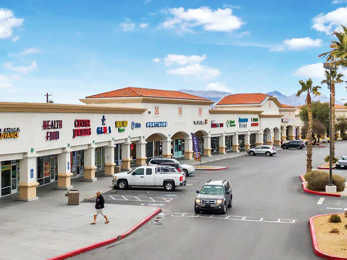 Modern shopping centers in Pahrump house medical services against a backdrop of mountains that seem to whisper, "Relax, you can afford this."