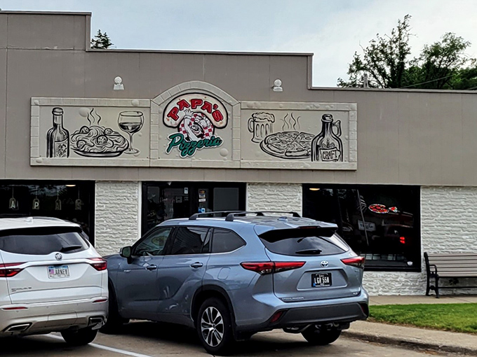 That mural says it all &ndash; wine, pasta, pizza, and happiness await behind these humble doors.