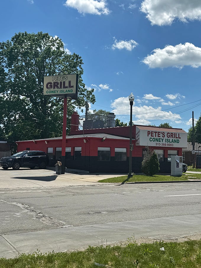 Simple red sign, serious Detroit cred. Pete's Grill is where Coney Island dreams come true without the boardwalk.