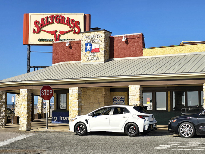 Two flags flying high – one for America, one for Texas, both promising the freedom to enjoy spectacular steaks.