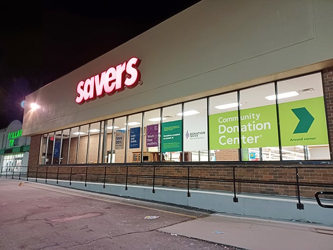 The night view of Savers' community donation center glows like a lighthouse for pre-loved treasures seeking new homes.