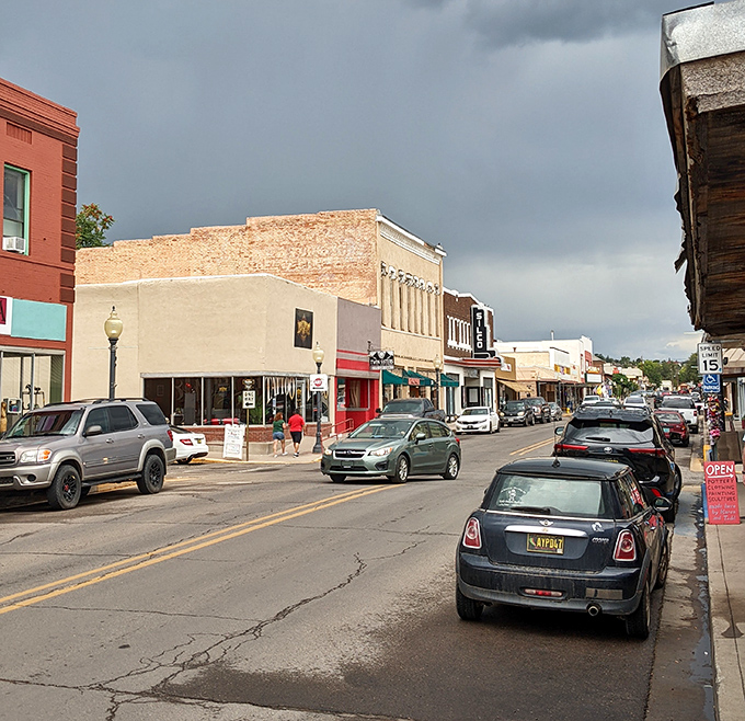 Storm clouds gather over Silver City's historic downtown, adding dramatic flair to the already photogenic collection of well-preserved buildings.