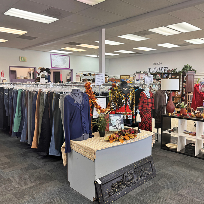 Fall displays and neatly arranged clothing racks show why Sisters isn't your average thrift store &ndash; it's a curated shopping experience.