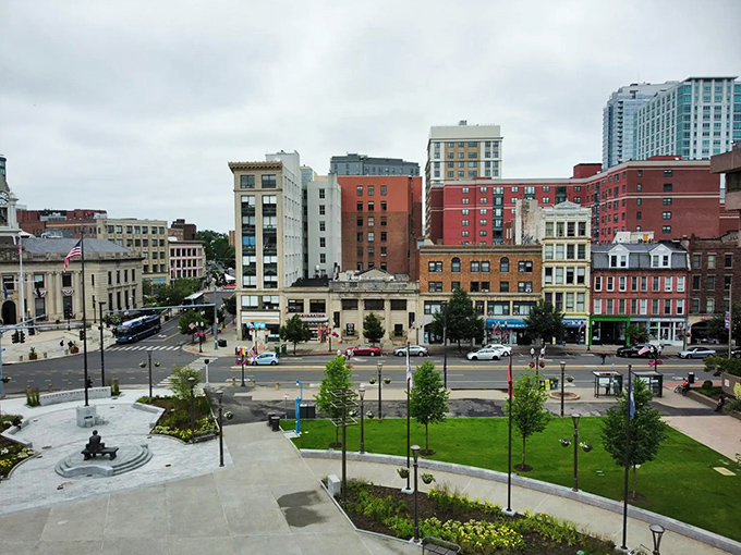 Brick-paved sidewalks and well-maintained storefronts create an inviting shopping experience in downtown Stamford.