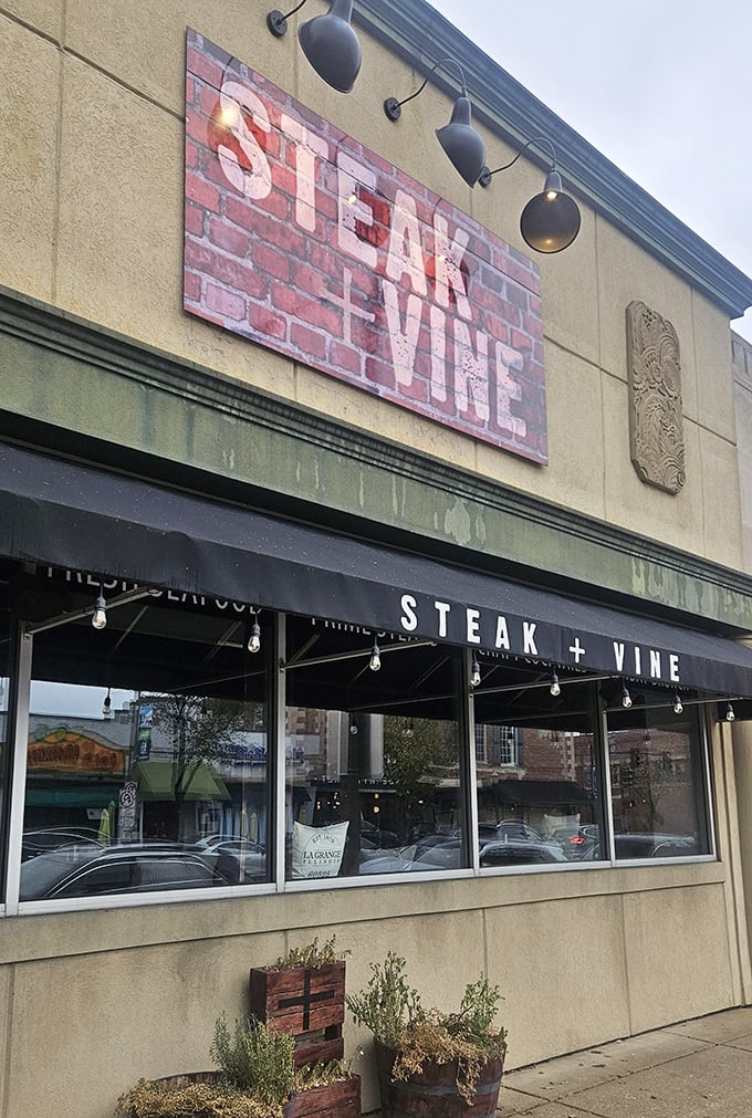 The simple, bold sign announces "STEAK + VINE" without apology. This place knows exactly what it does best.
